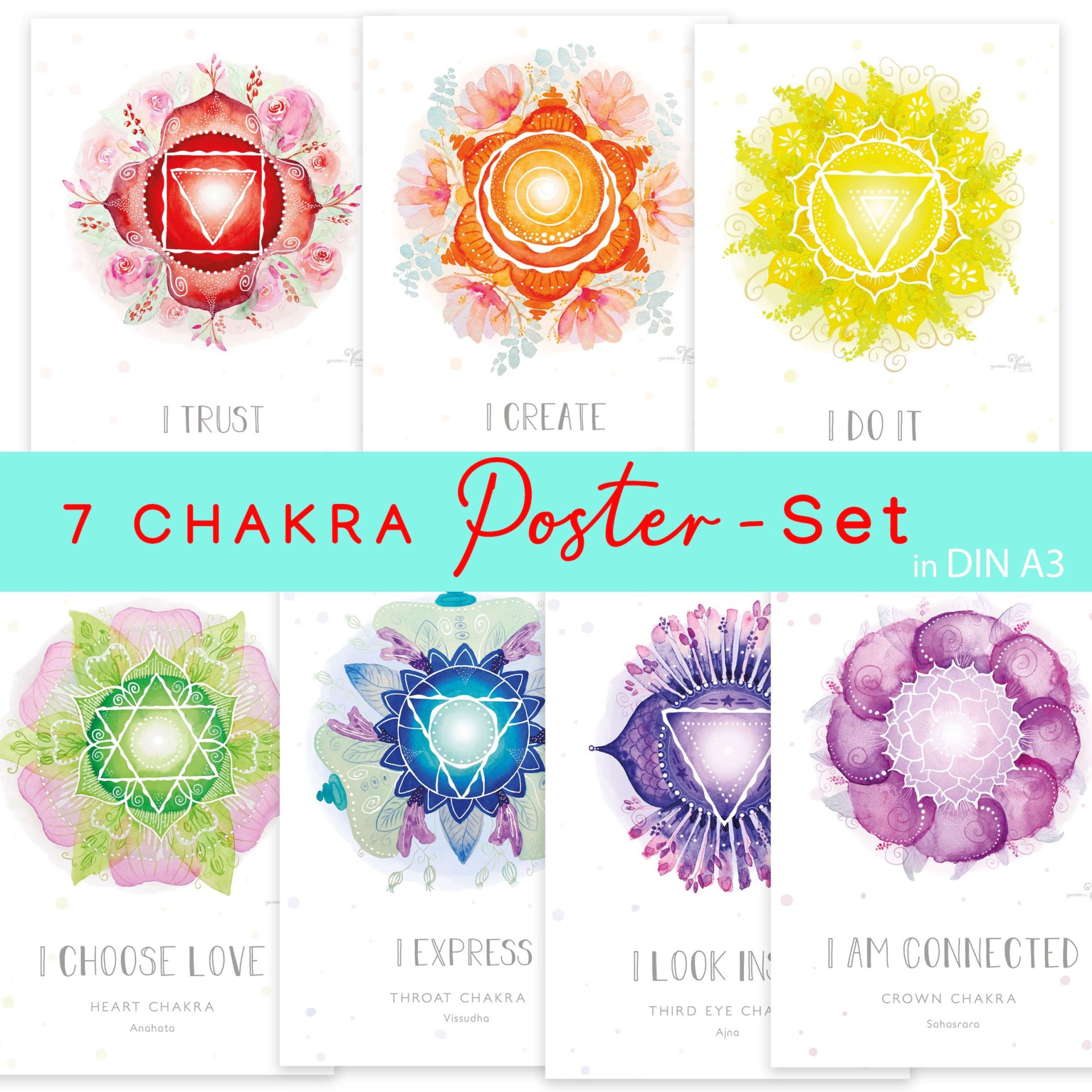Chakra Poster Set: Die 7 Chakren – A3-Format – 29,7 x 42cm – Yandala.com